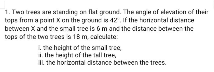 Solved 1. Two trees are standing on flat ground. The angle | Chegg.com