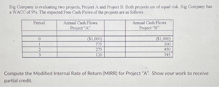 Solved Big Company Is Evaluating Two Projects Project A And