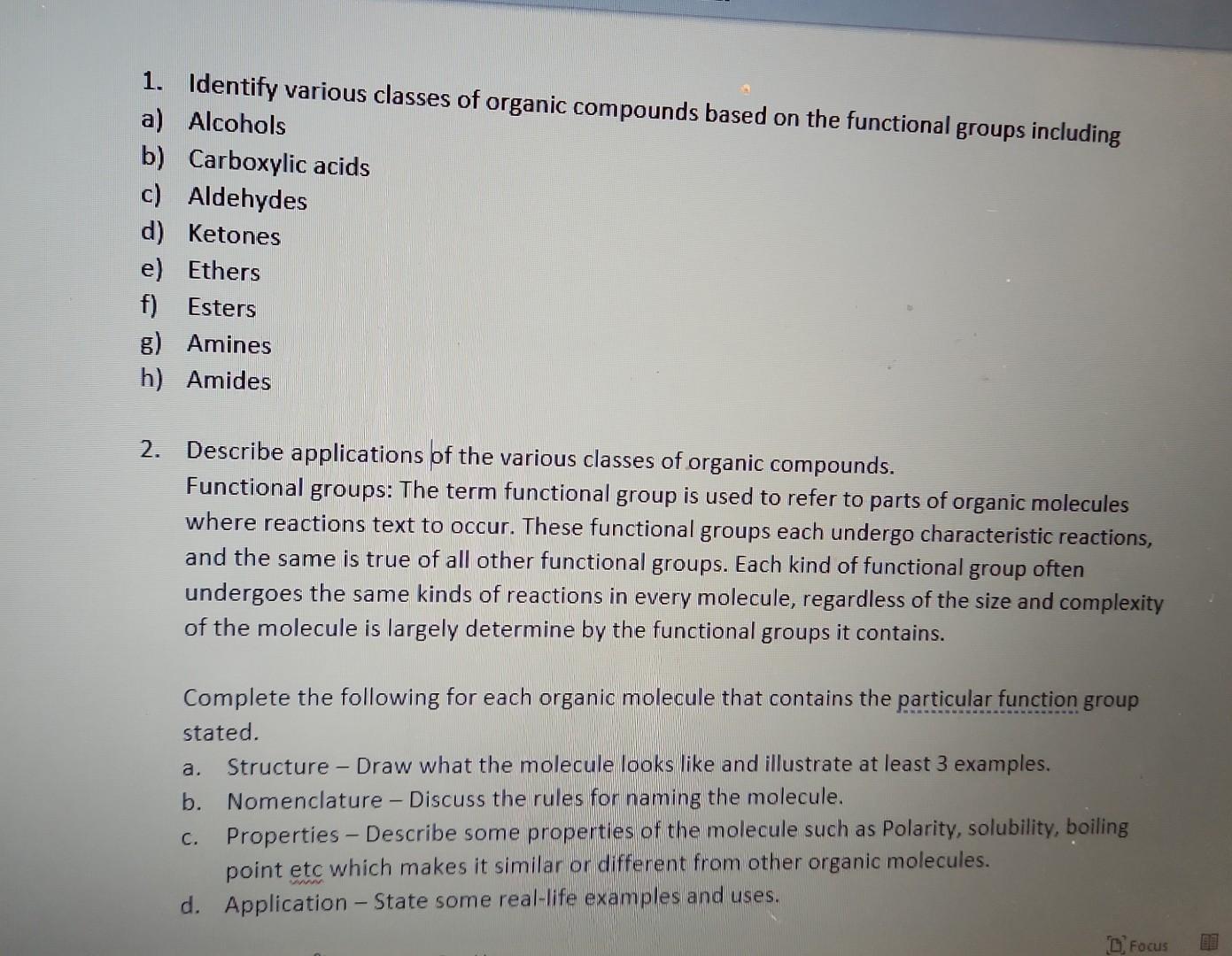 Solved 1. Identify various classes of organic compounds | Chegg.com
