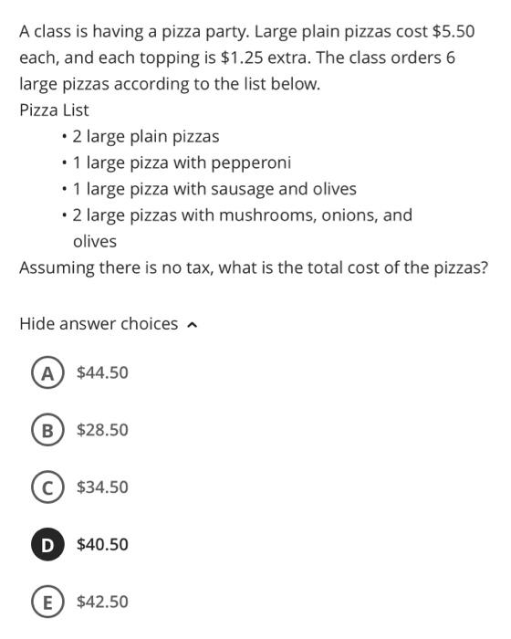 Solved A class is having a pizza party. Large plain pizzas | Chegg.com