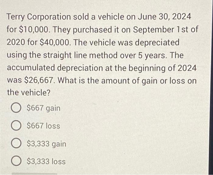 Solved Terry Corporation sold a vehicle on June 30, 2024 for | Chegg.com