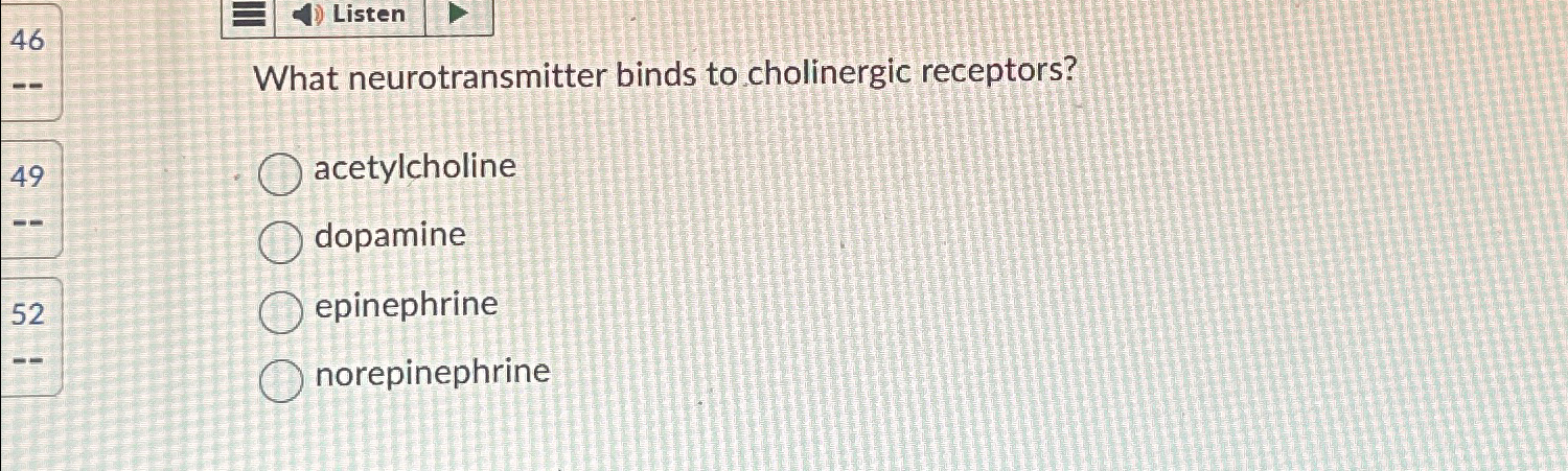 Solved ListenWhat neurotransmitter binds to cholinergic | Chegg.com