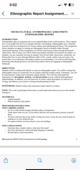 SOCIO-CULTURAL ANTHROPOLOGY ASSIGNMENT: ETHNOGRAPHIC | Chegg.com