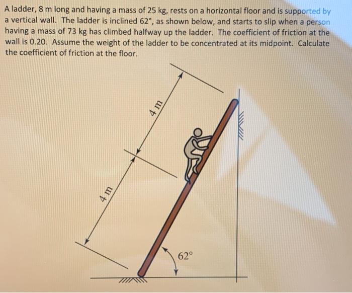 Solved A ladder, 8 m long and having a mass of 25 kg, rests | Chegg.com