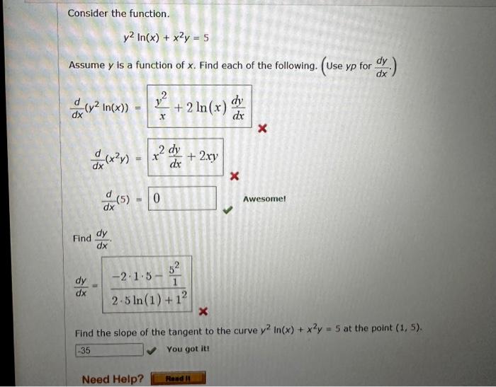 Solved Consider the function. y2ln(x)+x2y=5 Assume y is a | Chegg.com