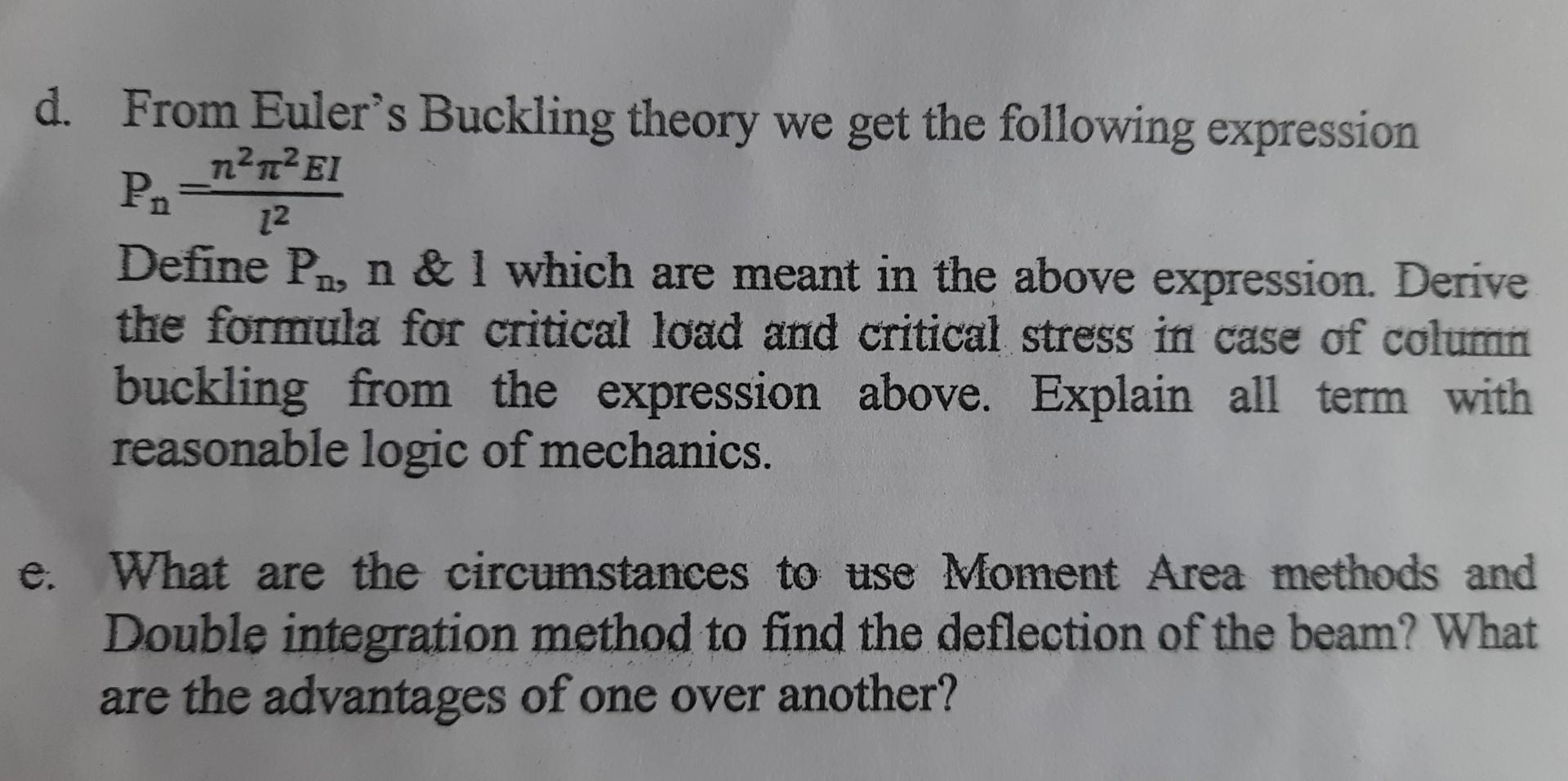 Solved 12 d. From Euler's Buckling theory we get the | Chegg.com