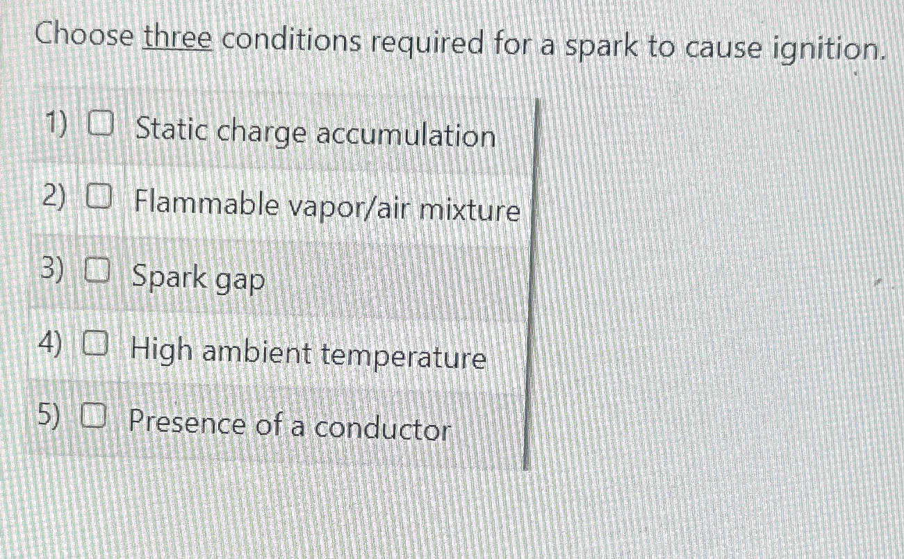 Solved Choose three conditions required for a spark to cause | Chegg.com