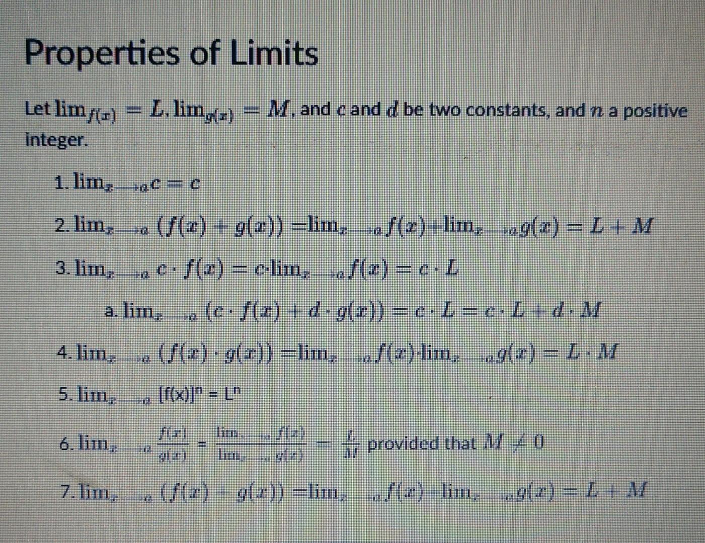 Solved et limf(x)=L,limg(x)=M, and c and d be two constants, | Chegg.com