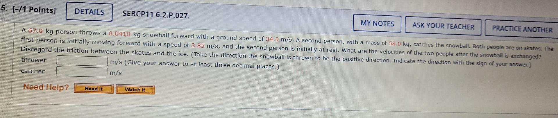 Solved 5 1 Points] Details Sercp11 6 2 P 027 My Notes
