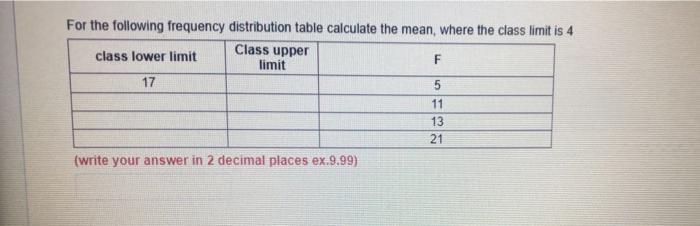 Solved For the following frequency distribution table | Chegg.com