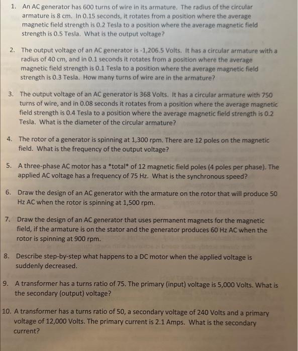 Solved 1. An AC generator has 600 turns of wire in its | Chegg.com