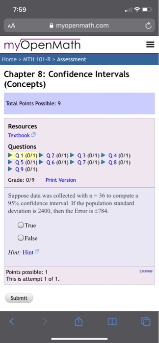 Solved 7:59 AA myopenmath.com myOpenMath Home > MTH 101-R > | Chegg.com