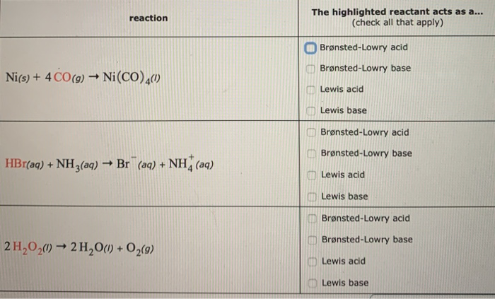 Solved reaction The highlighted reactant acts as a... (check | Chegg.com