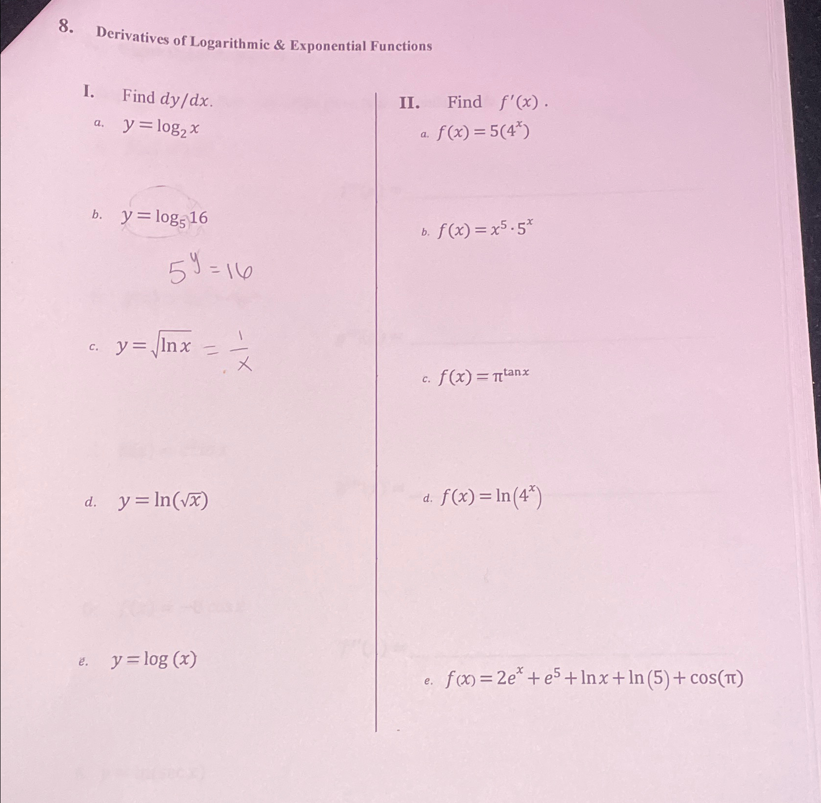 Solved Derivatives of Logarithmic & Exponential FunctionsI. | Chegg.com