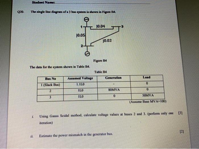 Solved Student Name: Q20. The single line dingram of a 3 bus | Chegg.com