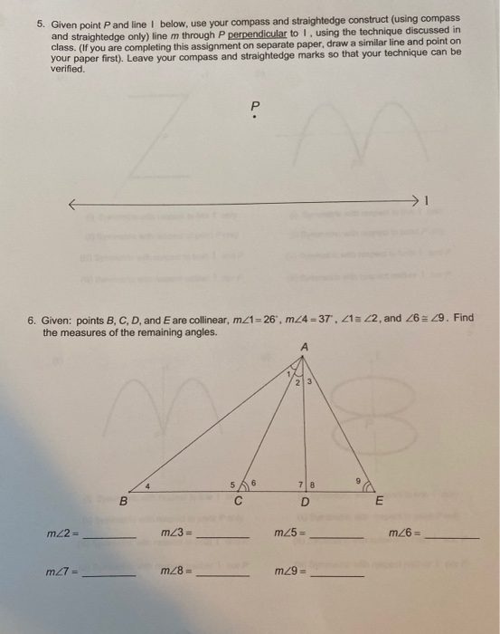 Solved 5. Given point and line I below, use your compass and | Chegg.com