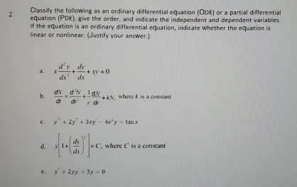 Solved Classify the following as an ordinary differential | Chegg.com