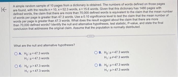 Solved A simple random sample of 10 pages from a dictionary | Chegg.com