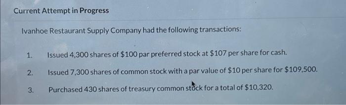 Solved Current Attempt in Progress Ivanhoe Restaurant Supply | Chegg.com