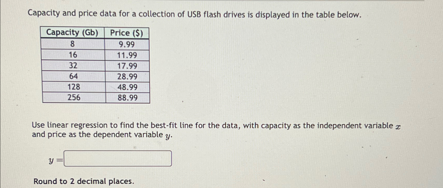 Solved Capacity and price data for a collection of USB flash | Chegg.com