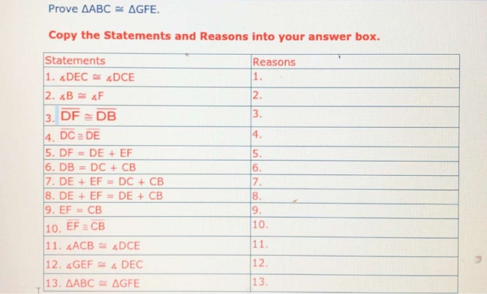 Solved CE Prove AABC - AGFE. Copy the Statements and Reasons | Chegg.com