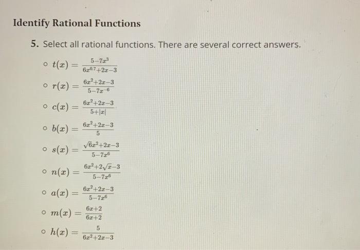 Solved Identify Rational Functions 5. Select all rational | Chegg.com