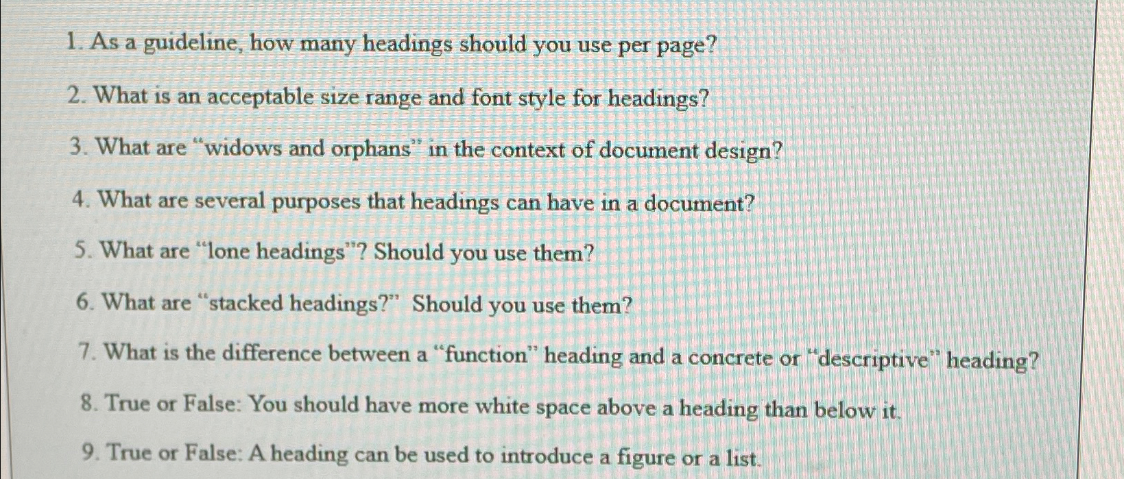 Solved As a guideline, how many headings should you use per | Chegg.com