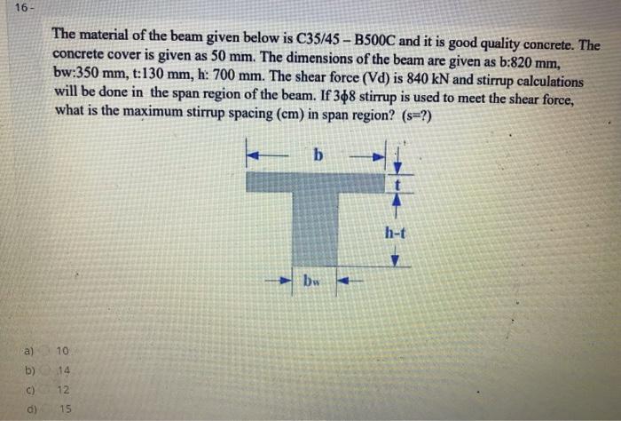 Solved 16- The material of the beam given below is C35/45 - | Chegg.com