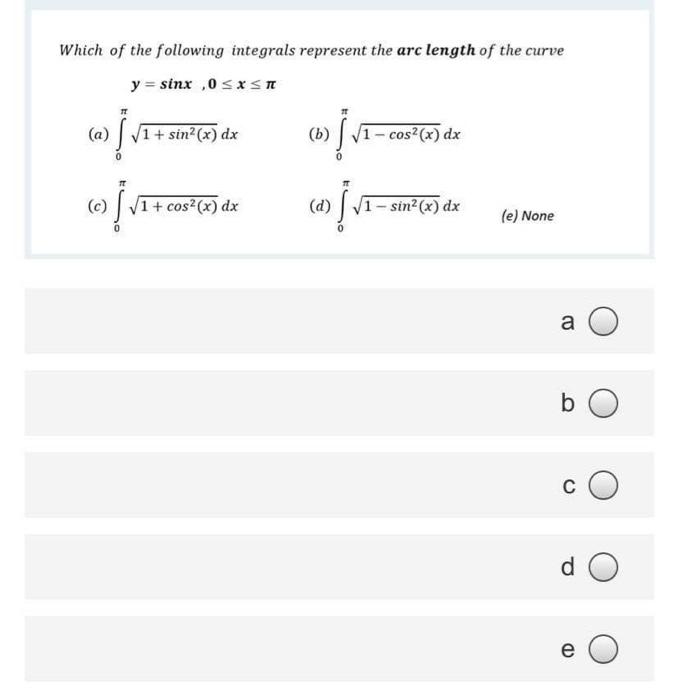 Solved Which of the following integrals represent the arc | Chegg.com