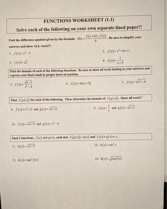 Solved FUNCTIONS WORKSHEET (1.1) Solve each of the following | Chegg.com