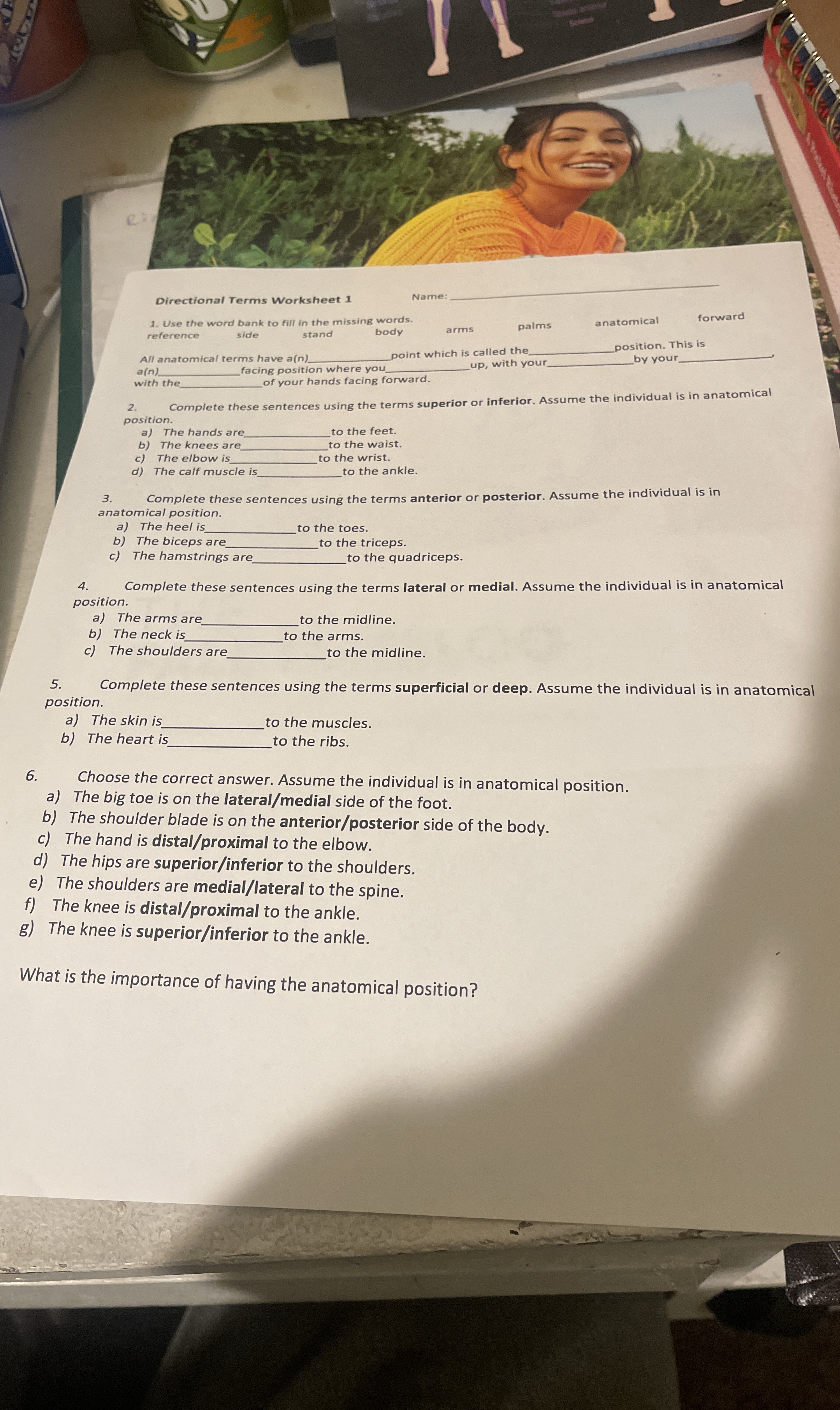 Directional Terms Worksheet 1Name: q,Use the word | Chegg.com
