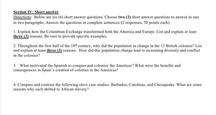 Section IV: Short answer Directions: Below are six | Chegg.com