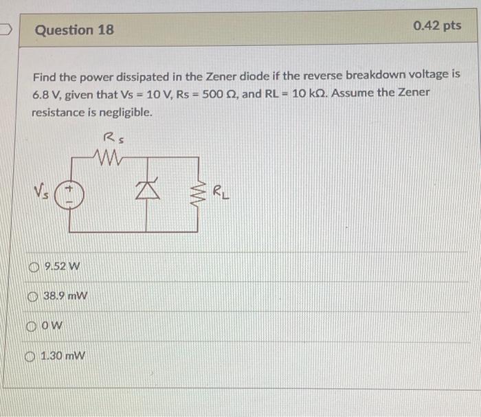 Solved Find the power dissipated in the Zener diode if the | Chegg.com