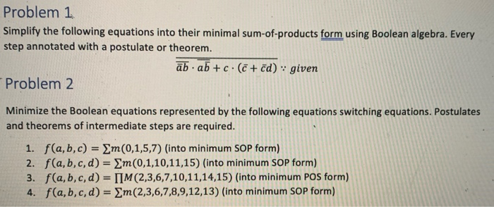 Solved Problem 1 Simplify the following equations into their | Chegg.com