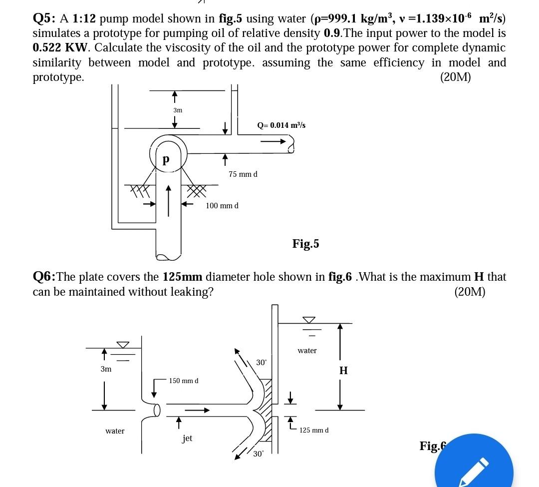 Solved Q5: A 1:12 pump model shown in fig.5 using water | Chegg.com