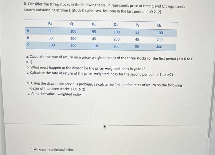 Solved 8. Consider the three stocks in the following table. | Chegg.com