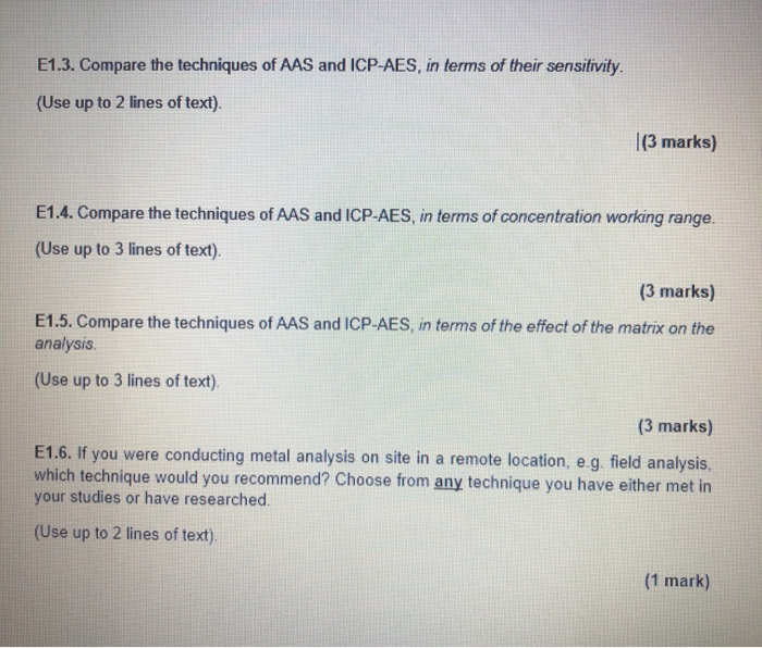 Solved E1.3. Compare the techniques of AAS and ICP-AES, in | Chegg.com