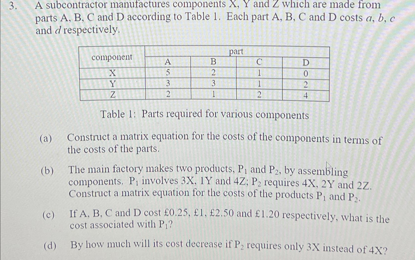 Solved A subcontractor manufactures components x,Y and Z | Chegg.com