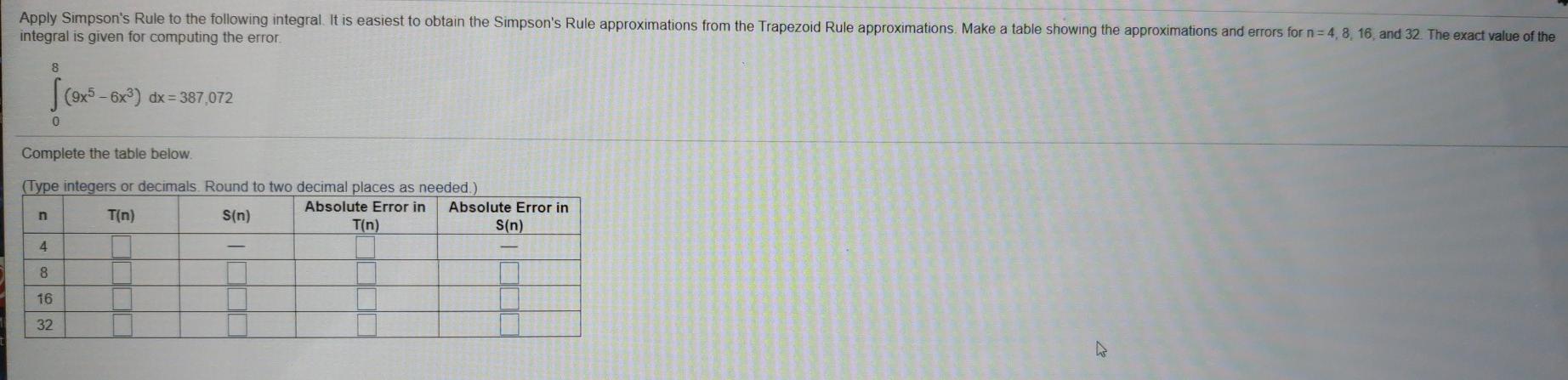 Solved Apply Simpson's Rule to the following integral. It is | Chegg.com