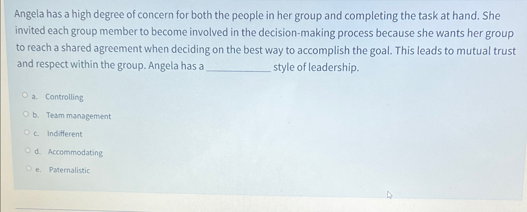 Solved Angela has a high degree of concern for both the | Chegg.com