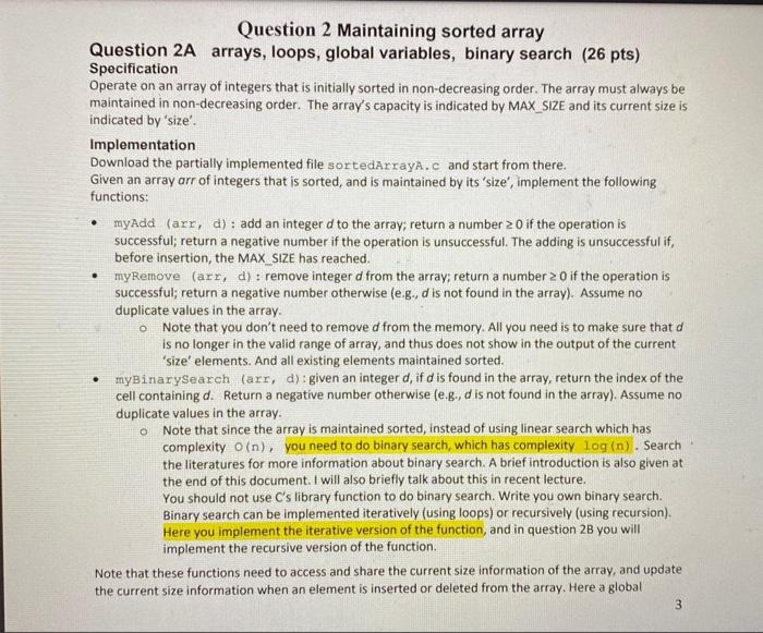 Solved Question 2 Maintaining sorted array Question 2A | Chegg.com