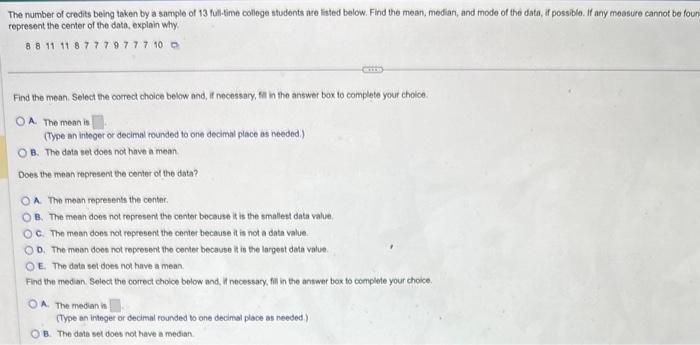 Solved The number of credits being taken by a sample of 13 | Chegg.com