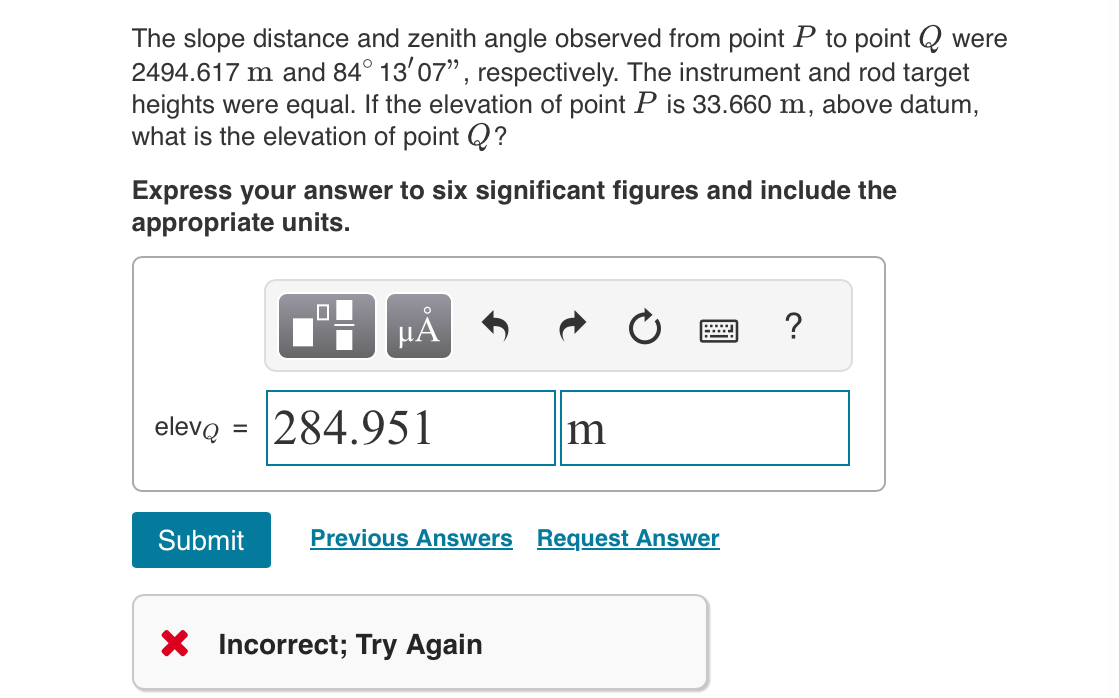 Solved The slope distance and zenith angle observed from | Chegg.com
