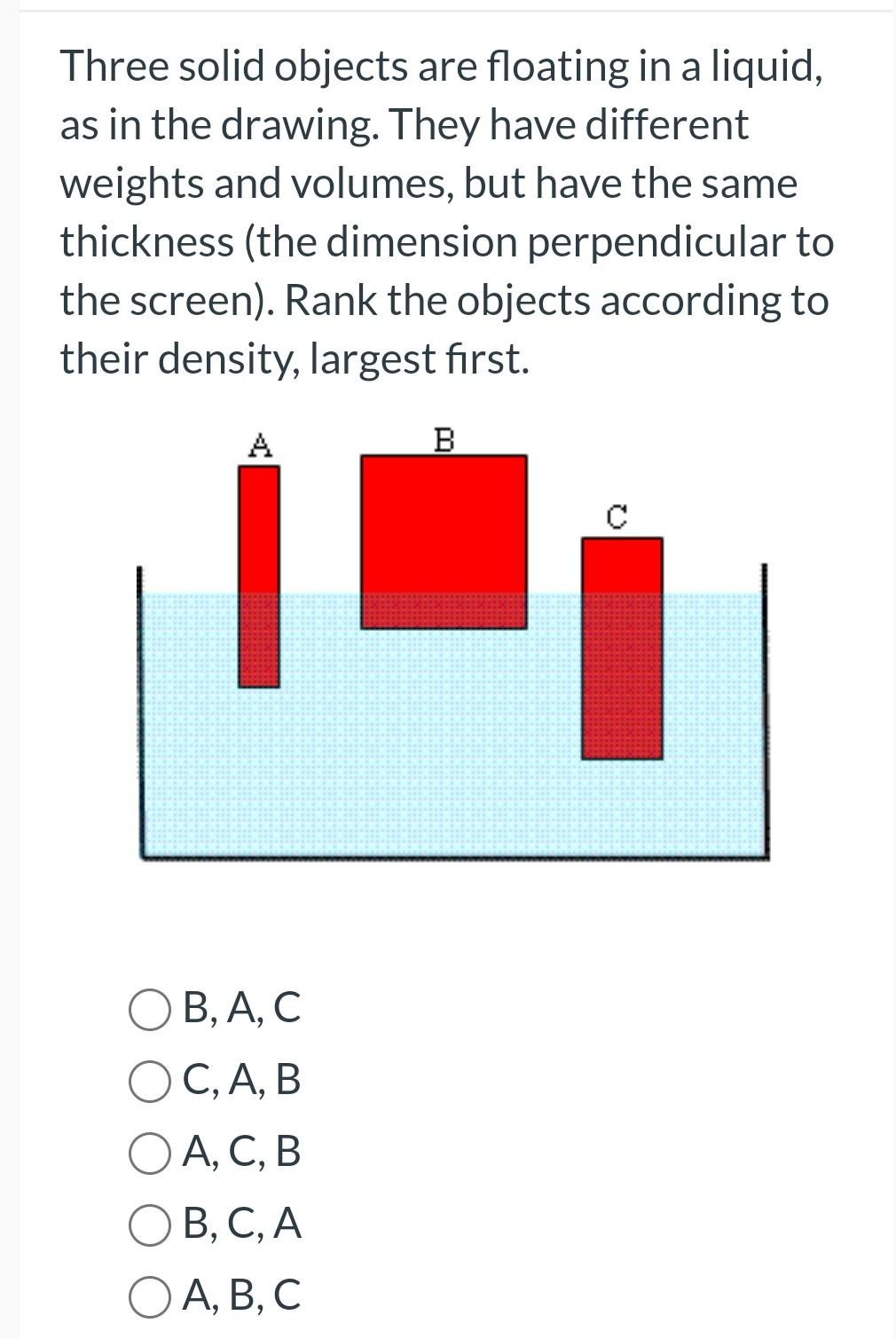 Solved Three solid objects are floating in a liquid, as in | Chegg.com