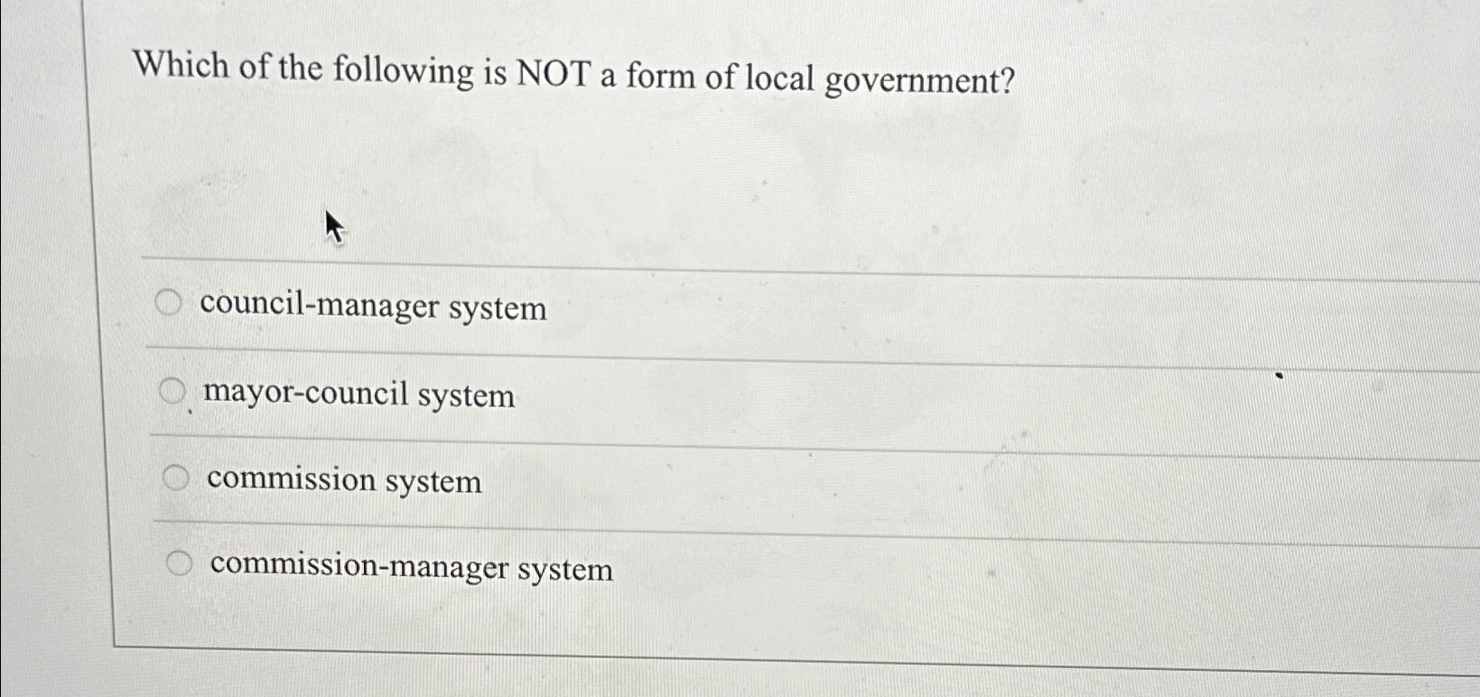 Solved Which of the following is NOT a form of local | Chegg.com