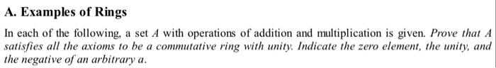 Solved A. Examples of Rings In each of the following, a set | Chegg.com
