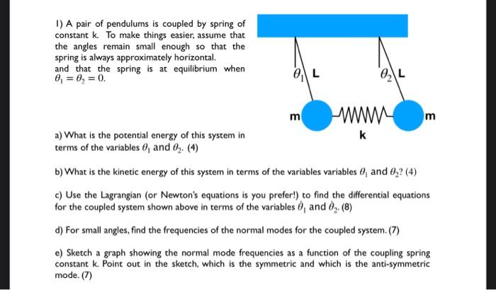Solved 1) A pair of pendulums is coupled by spring of | Chegg.com