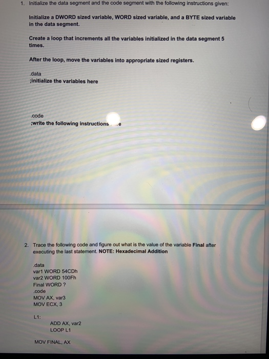 1. Initialize the data segment and the code segment | Chegg.com