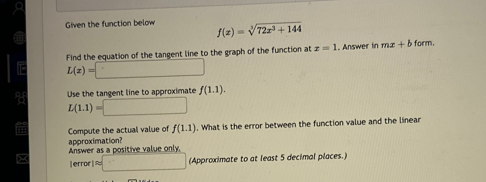 Solved Given the function belowf(x)=72x3+1443Find the | Chegg.com