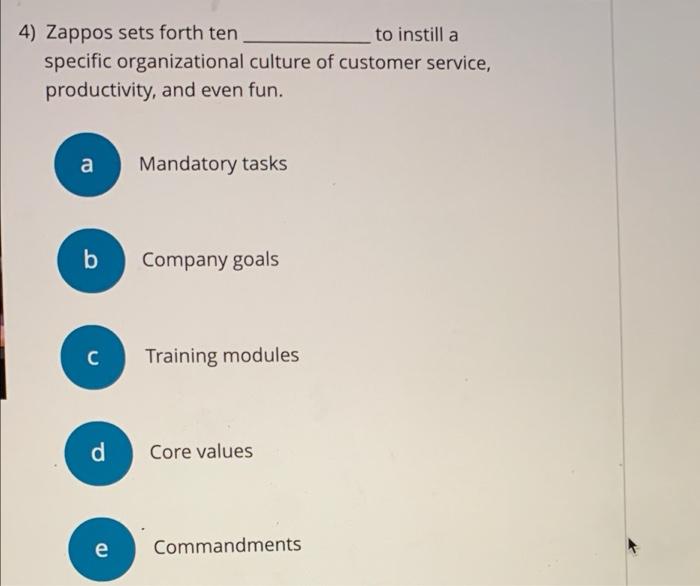 Solved 4) Zappos sets forth ten to instill a specific | Chegg.com